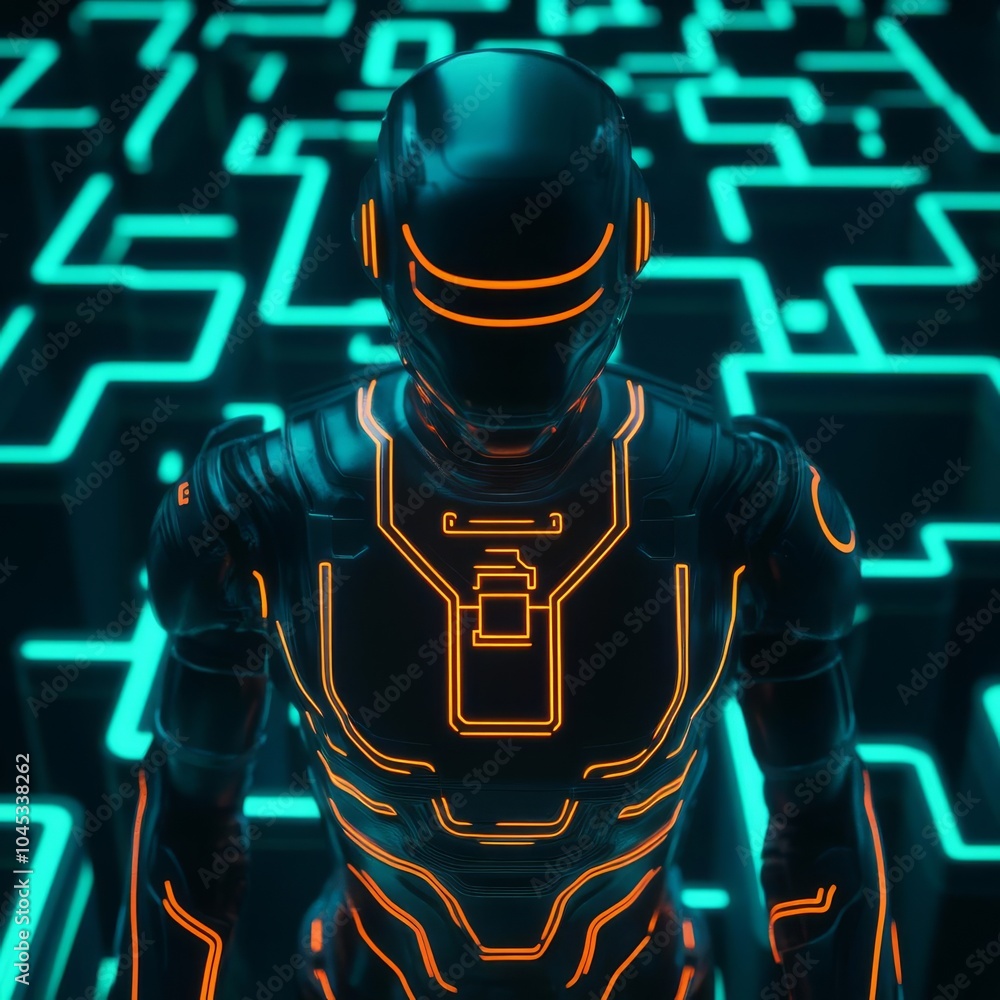 Cybernetic robot with glowing circuits, navigating a labyrinth of alien ...