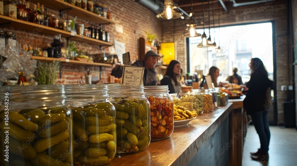 Rustic deli with jars of pickles on the counter and customers ordering ...
