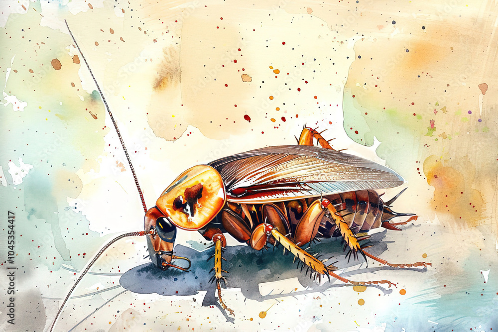 watercolor painting of a closeup cockroach on white background with ...