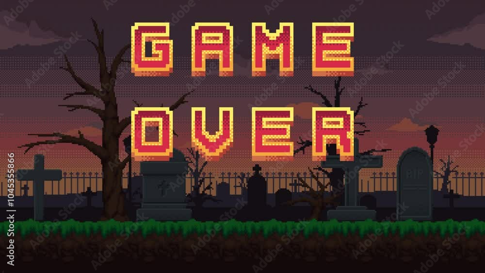 Animated retro pixel art Game Over text on cemetery landscape. Seamless ...