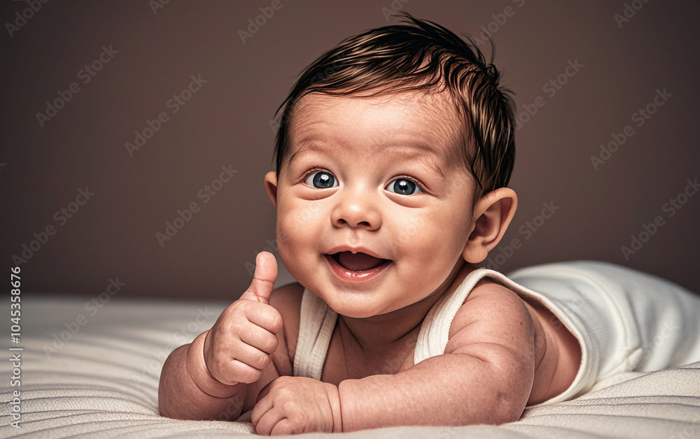 A newborn baby is giving a thumbs up; funny picture of a baby with a ...