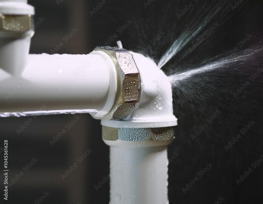 Extreme close-up of a white PVC pipe joint with condensation droplets ...