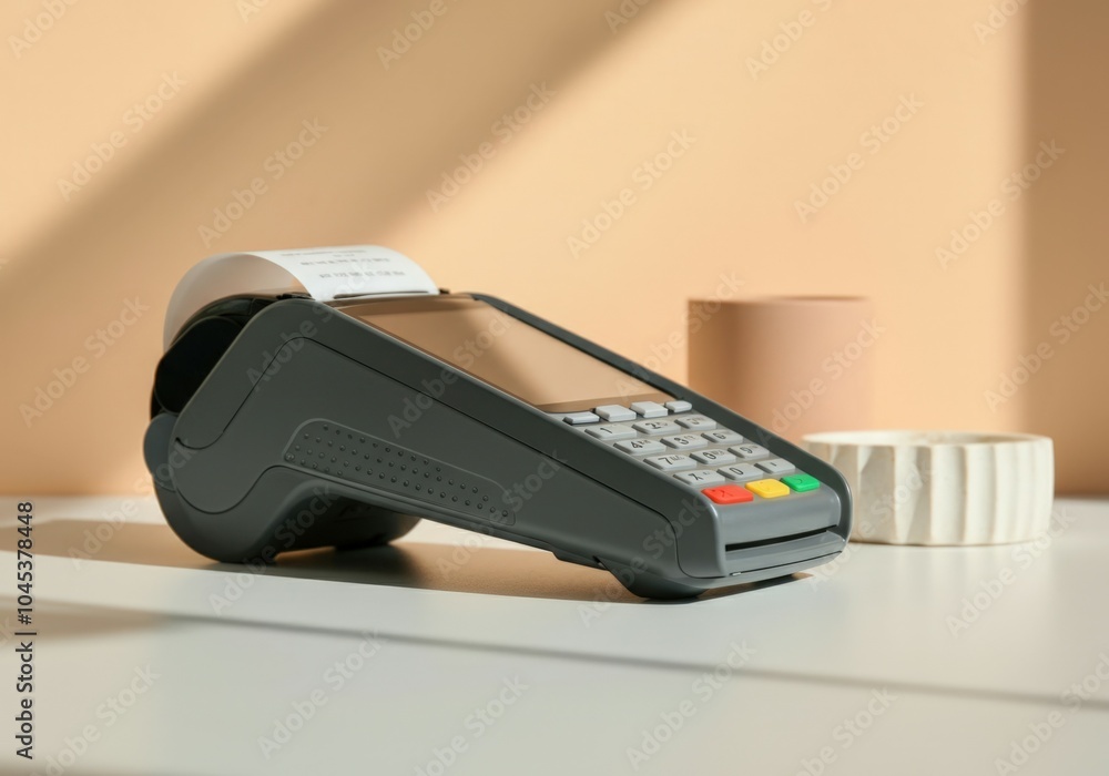 Credit card reader sitting on a white countertop is printing a receipt ...