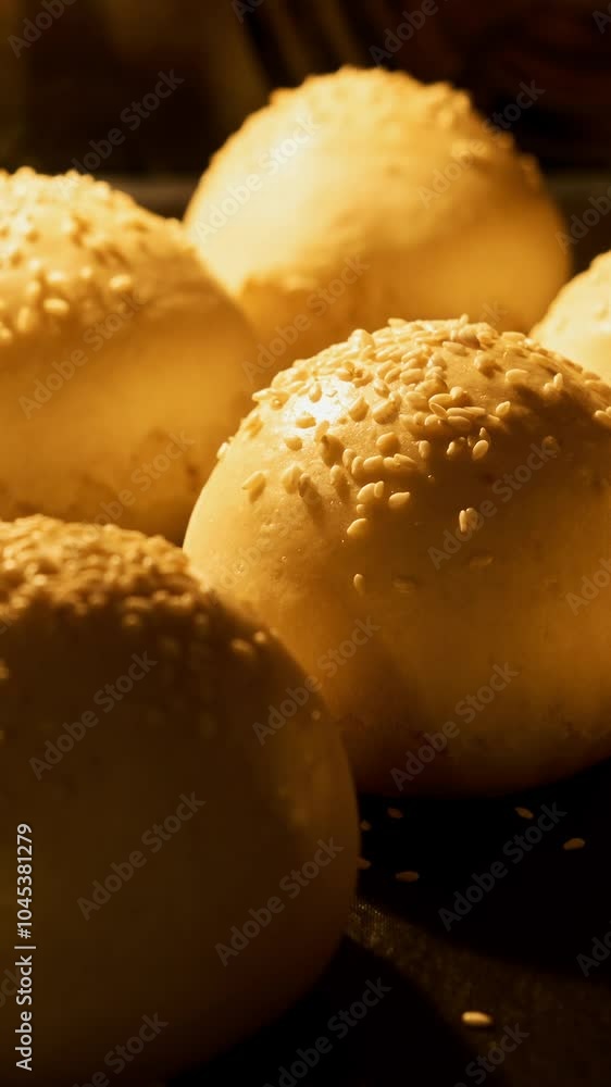 Vertical video. Burger buns baked in oven. Process of making burger ...