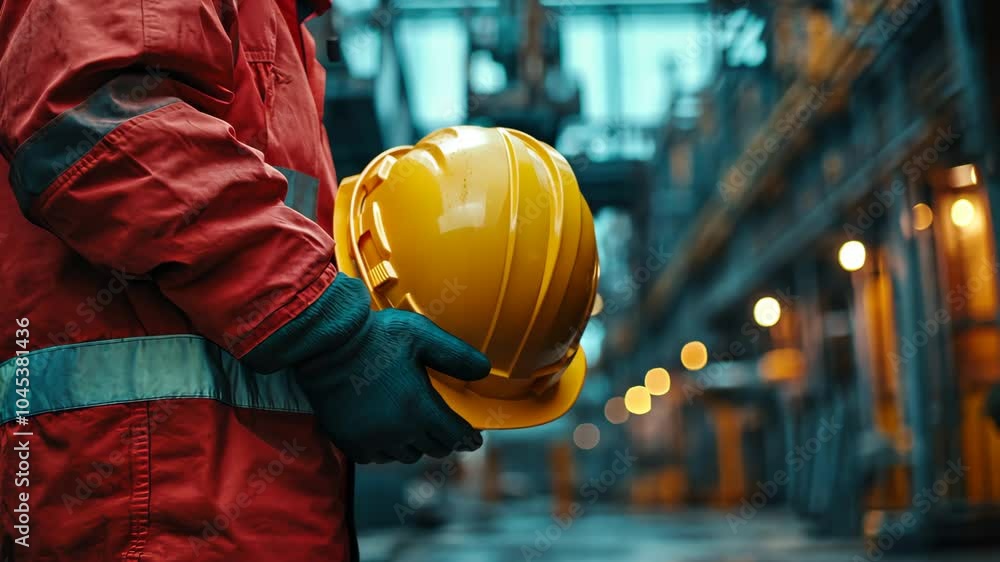 An individual clad in safety wear holds securely a yellow construction ...