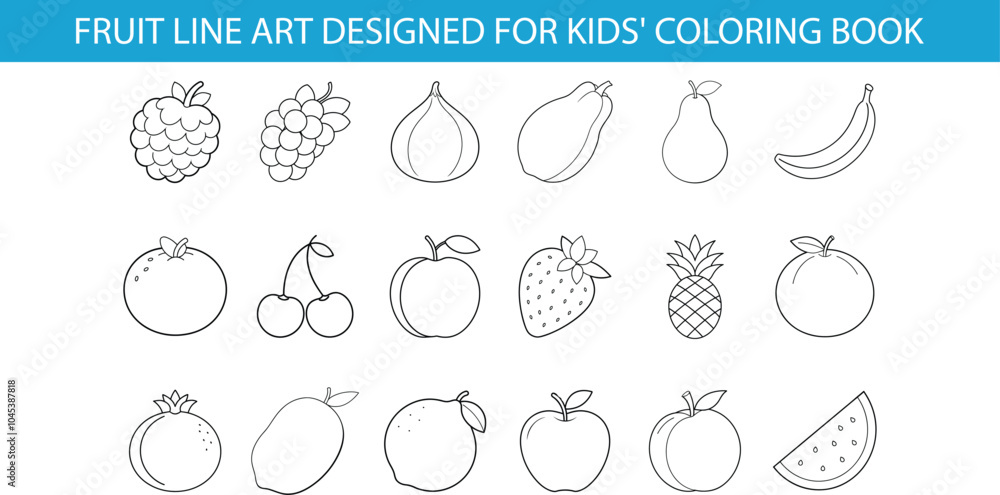 Vetor de An image of 18 fruit outlines for coloring. There are various ...