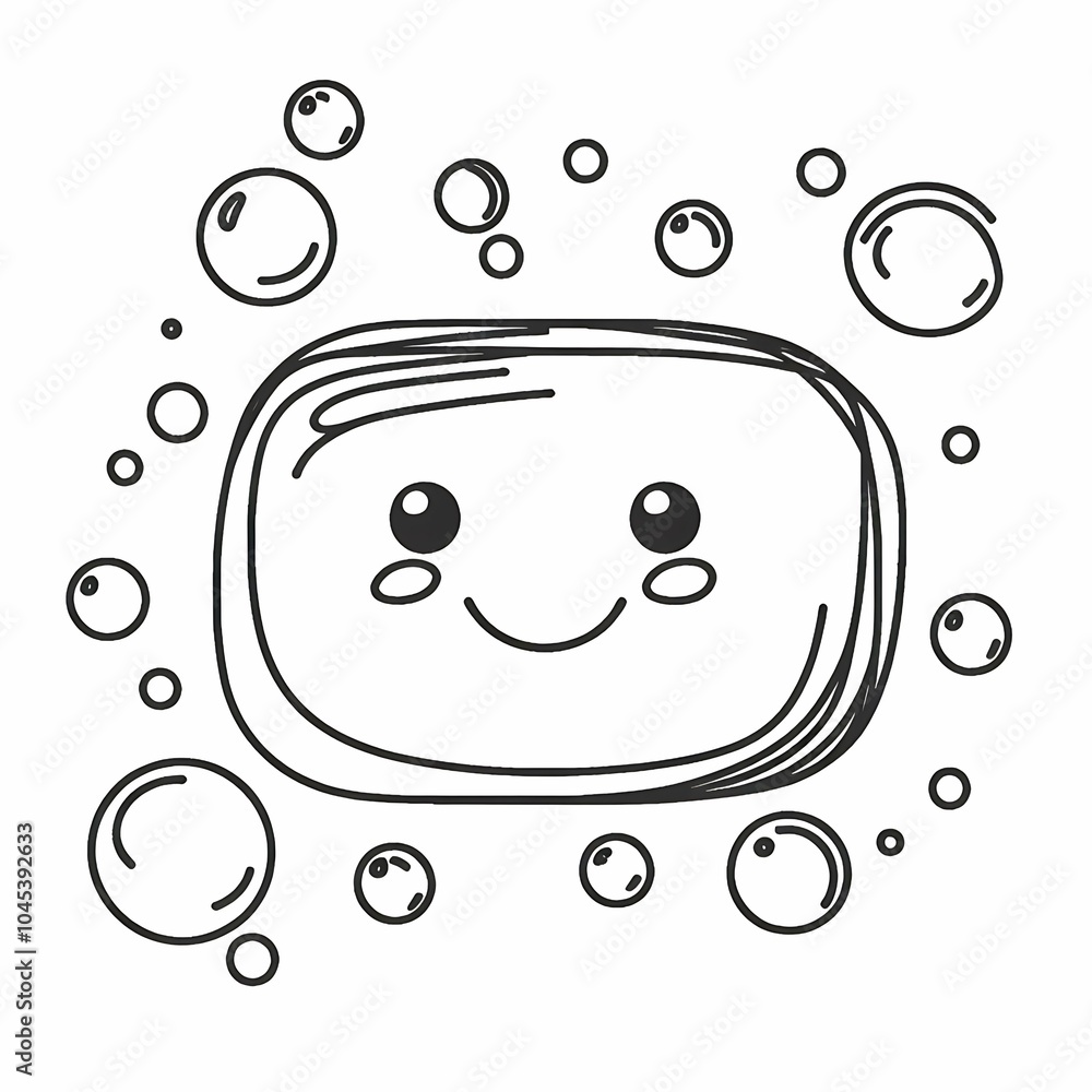 Cute smiling soap bar with bubbles, black and white line art, children ...