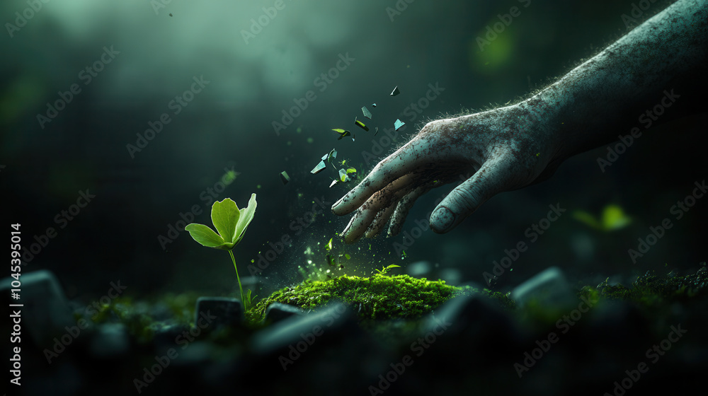 decayed hand emerges from moss covered grave, reaching towards delicate ...