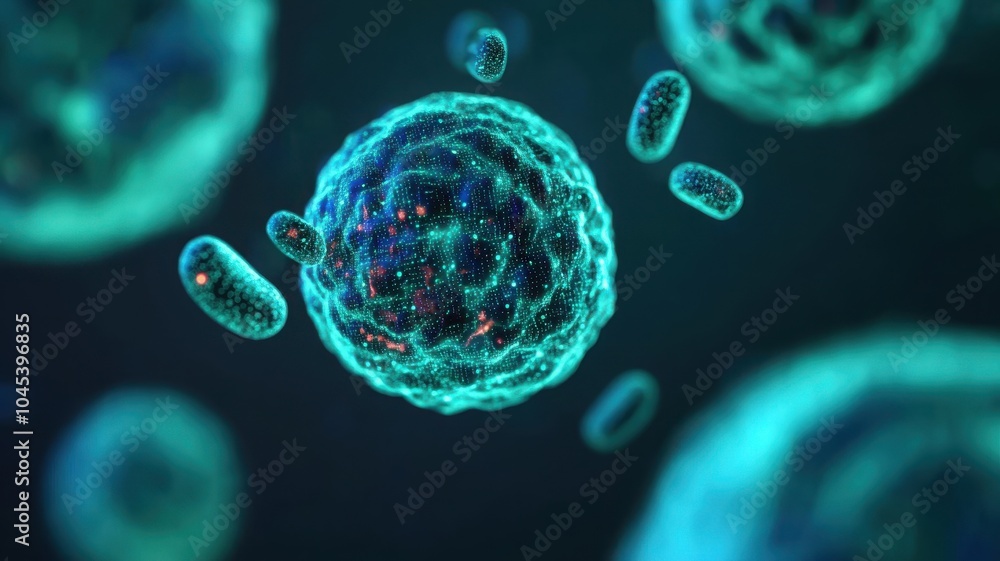 Detailed microscopic view of vibrant cells showcasing intricate structures and biological ...