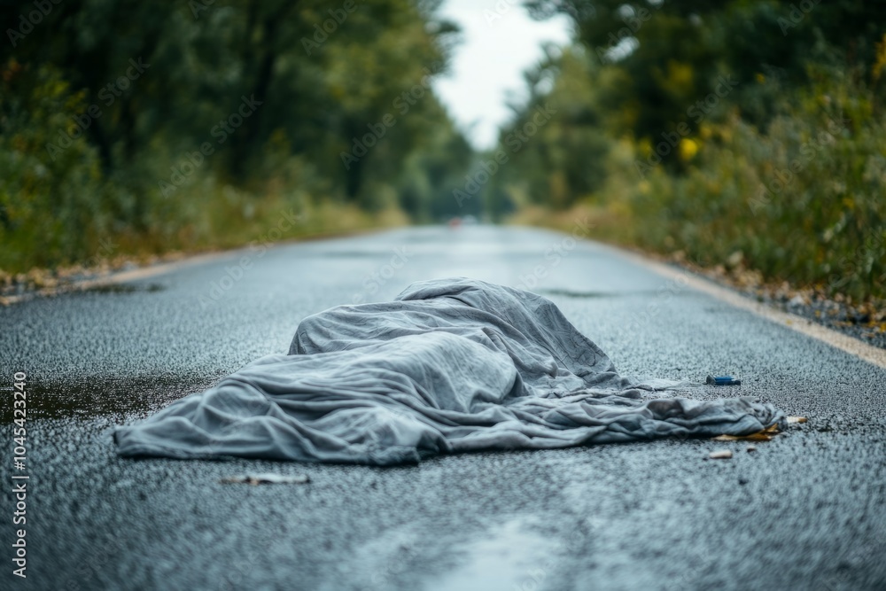 Body lying on a road covered with a gray sheet after tragic accident ...