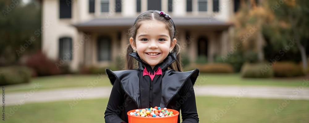 Little girl in a vampire costume, proudly showing off her candy bucket ...