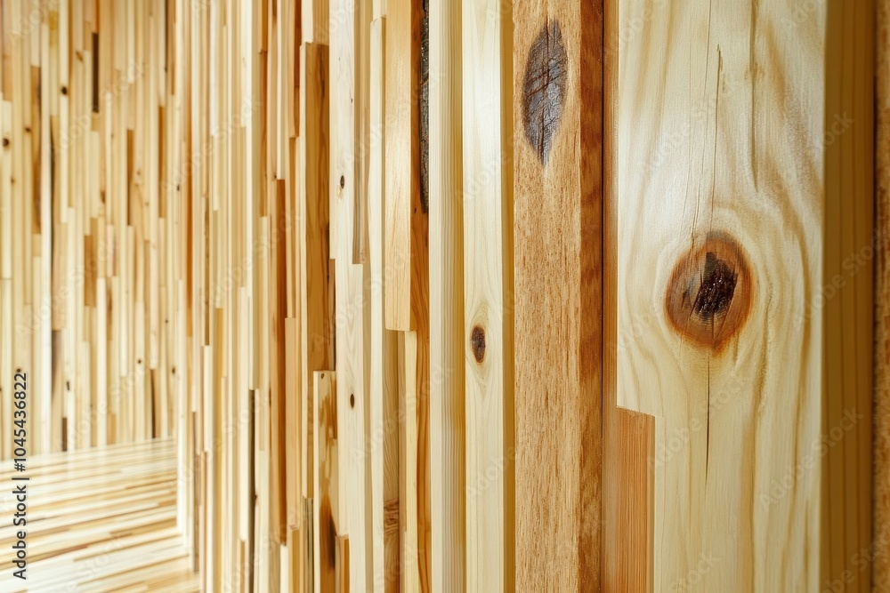 A natural wood lath wall with a light finish, highlighting the fine ...