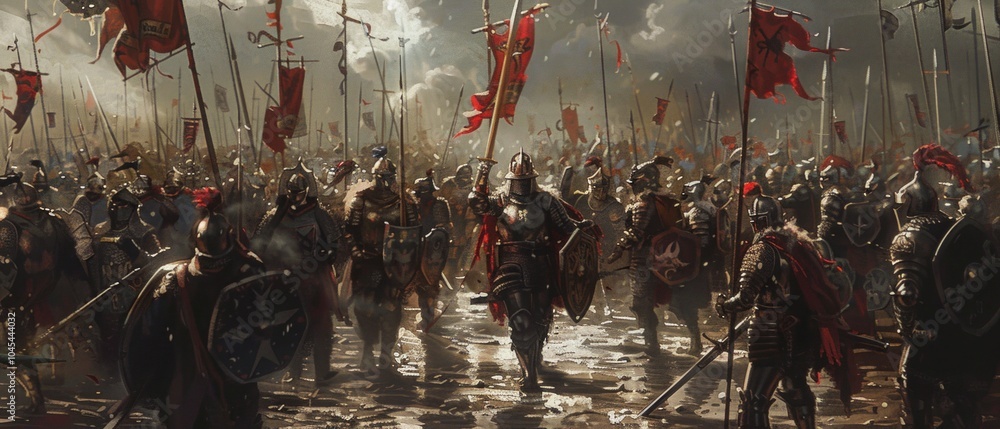 Image shows medieval battle scene w/ soldiers in armor, led by man with ...