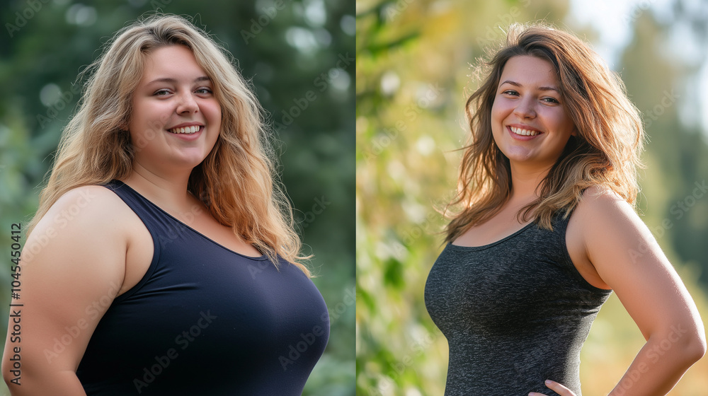 Weight loss transformation collage of a woman smiling outdoors, showing ...