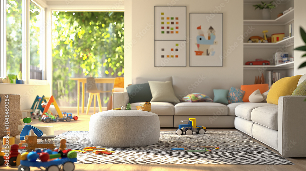 A contemporary family living room with stylish furniture, a designated ...