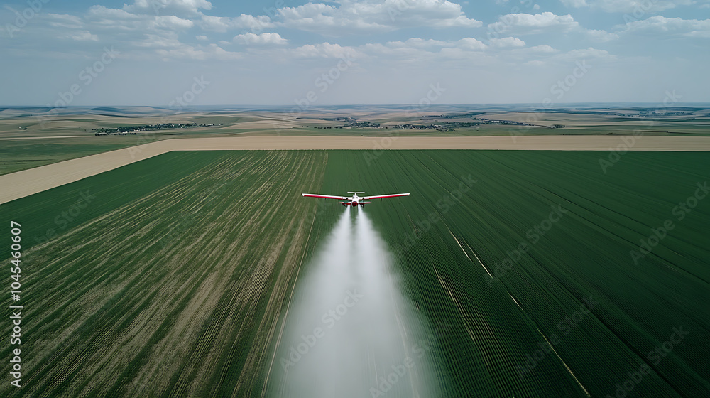 crop dusting aircraft sprays pesticides over vast green field ...