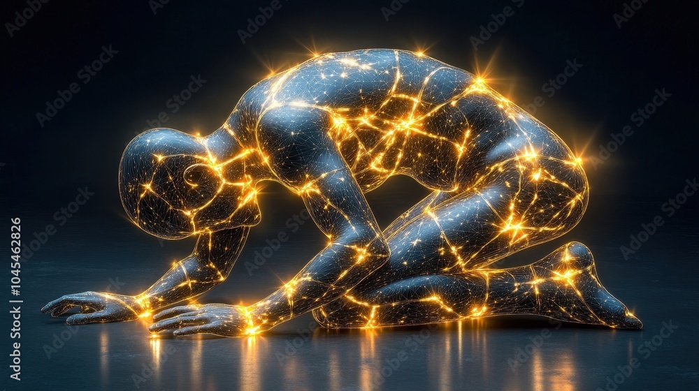 A figure in a fetal position with glowing, jagged marks all over their ...