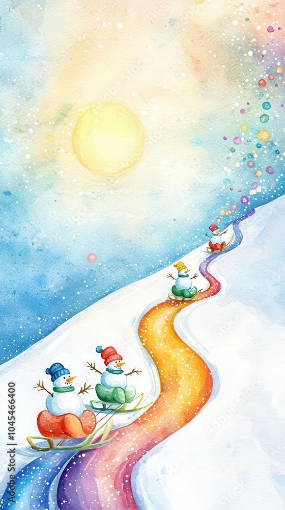 Rainbow snowmen riding sleds down snow-covered hills, leaving a trail ...