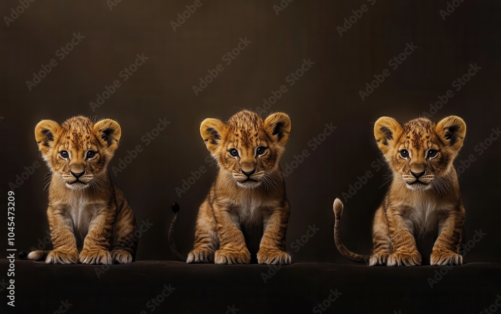 A visual concept illustrating lion cubs at 3, 6, and 9 months of age ...