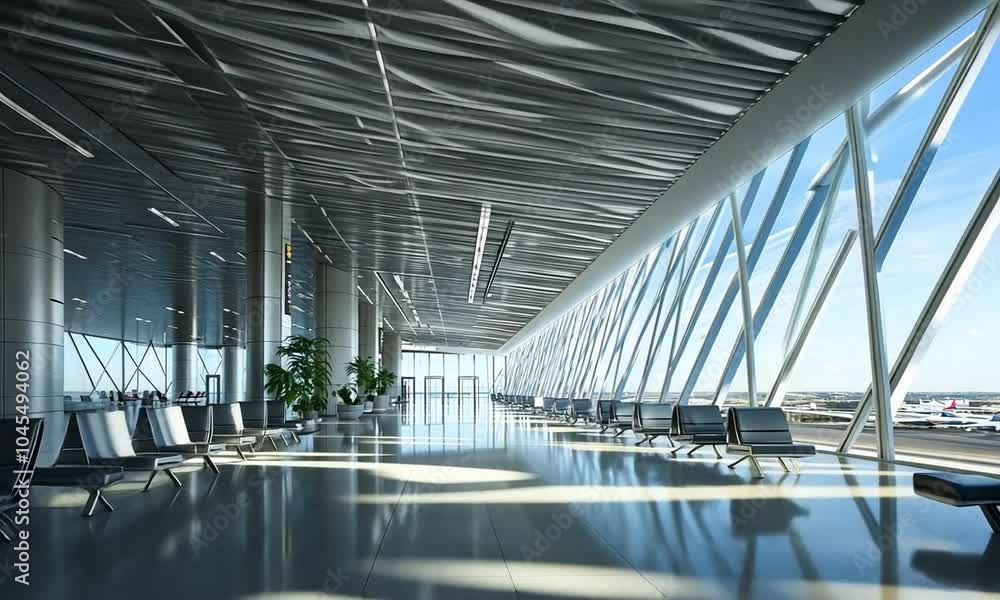A modern airport terminal with sleek design, large windows, and seating ...