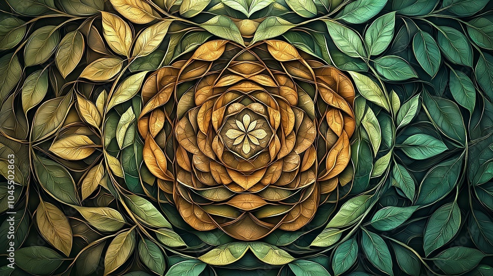 Beautiful Green and Gold Mandala with Vine and Leaf Patterns Stock ...