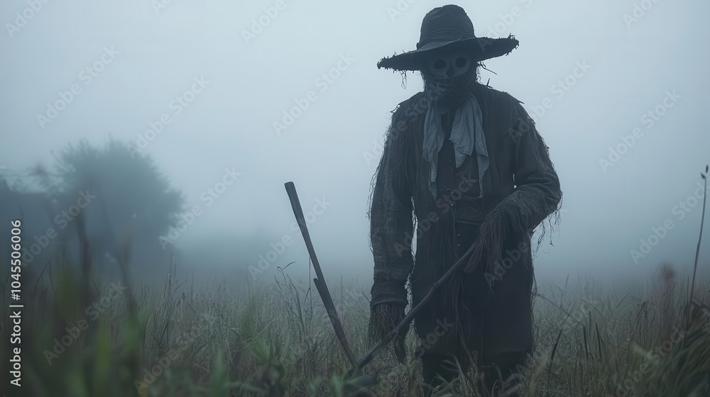 A Victorian-era scarecrow in a foggy English countryside, with vintage ...