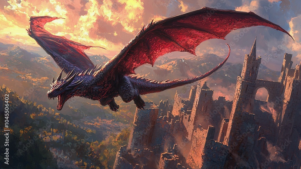 Dark Red Wyvern Roaring Over a Ruined Castle in Flight Stock ...