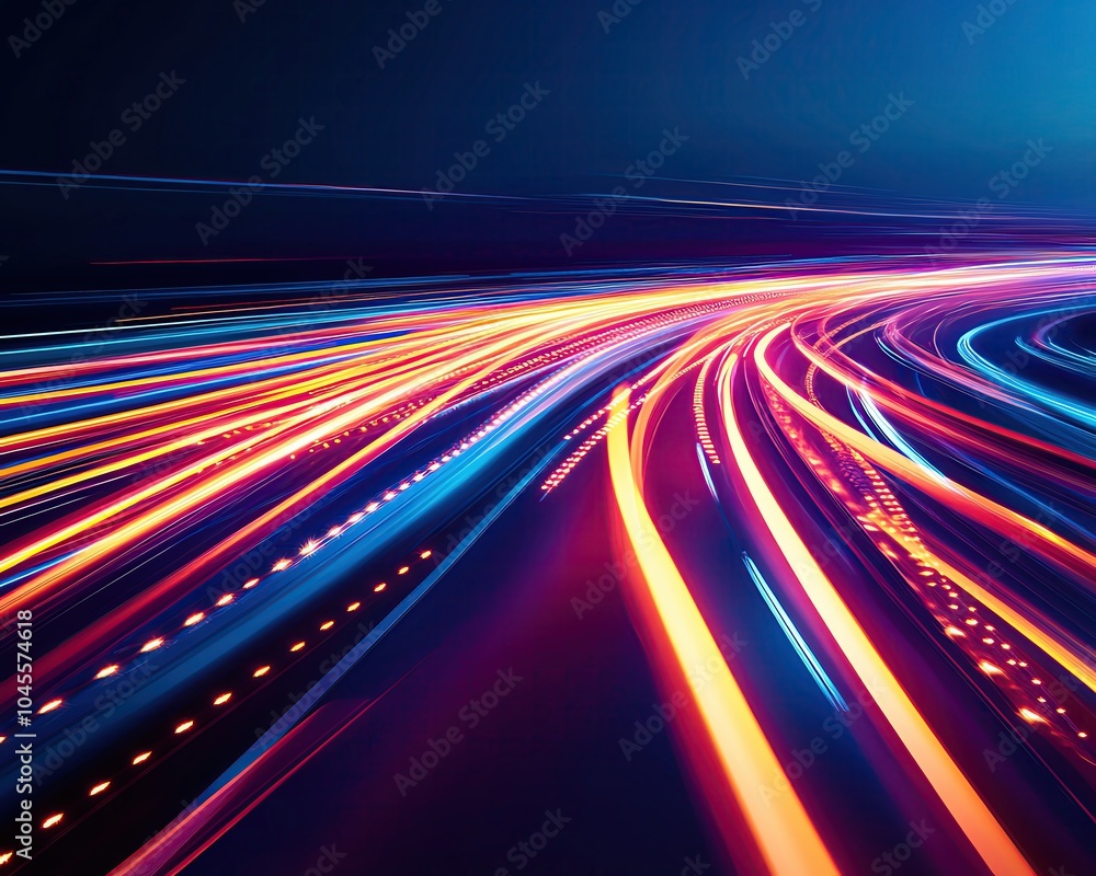 Abstract light trails of moving traffic on a busy highway, creating a ...