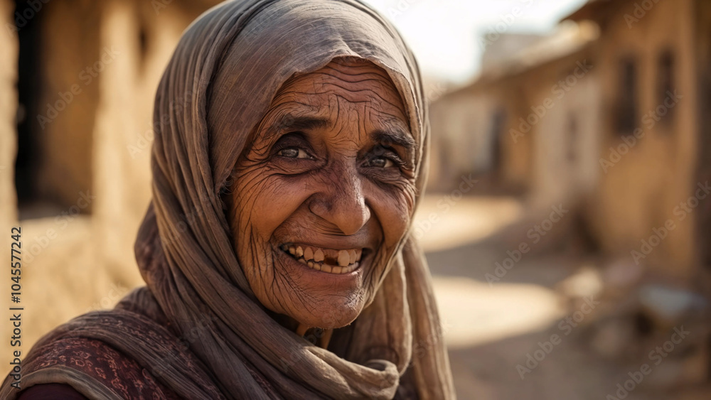 Elderly woman with a grim smile wearing simple attire, captured in a ...