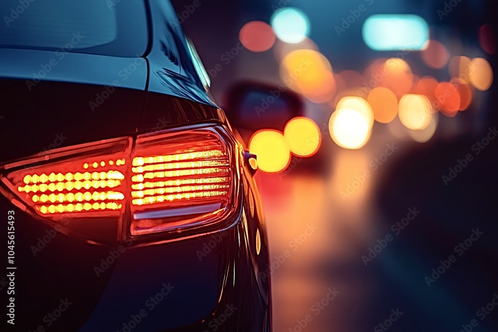 Black car driving at night with its taillights on, stuck in traffic ...