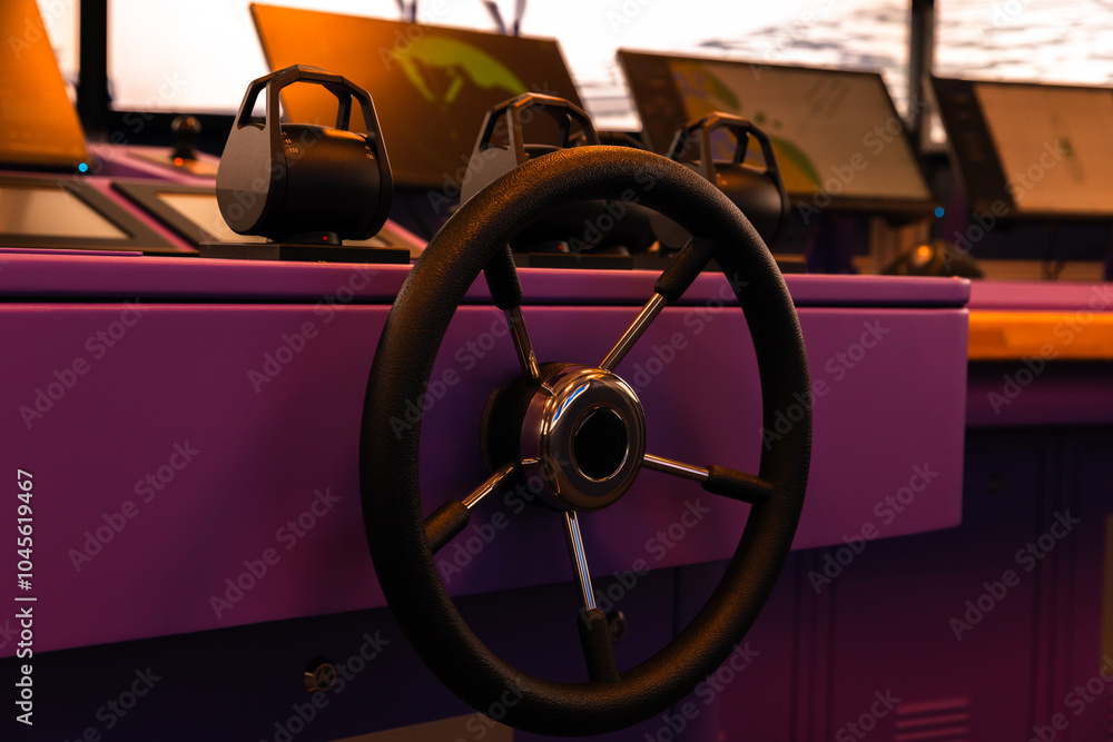Ship control panels, steering wheel and engine accelerators. The ...