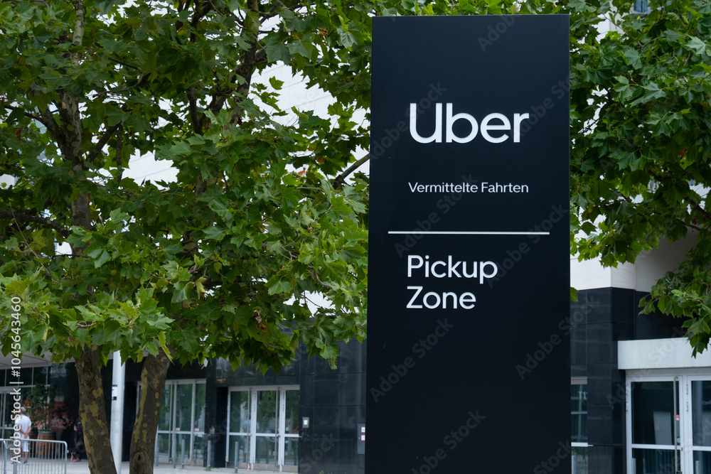 Uber Eats Music Hall Advertising logo on modern building facade, fusion ...