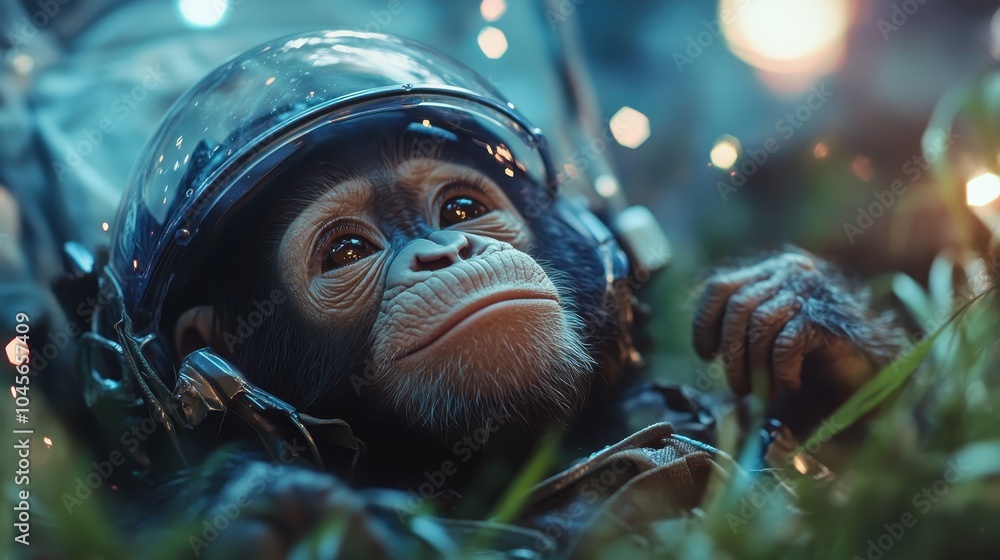A charming chimpanzee lies in lush grass, donned in a shiny astronaut ...