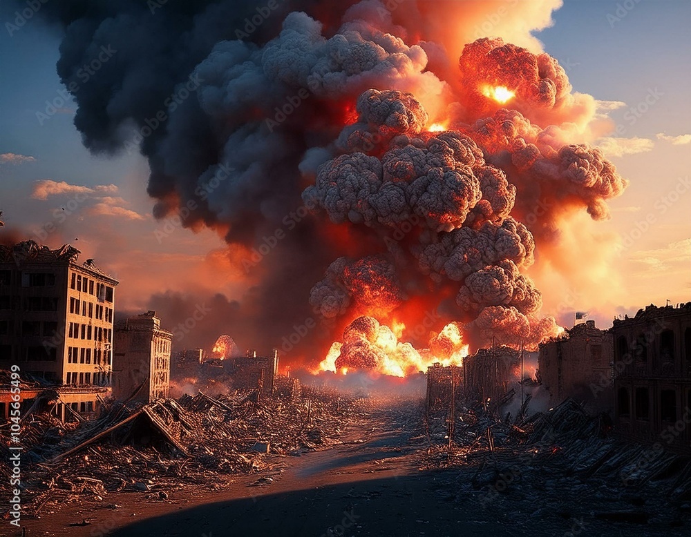 Una escena de la ciudad de humo y destrucción después de un ataque ...