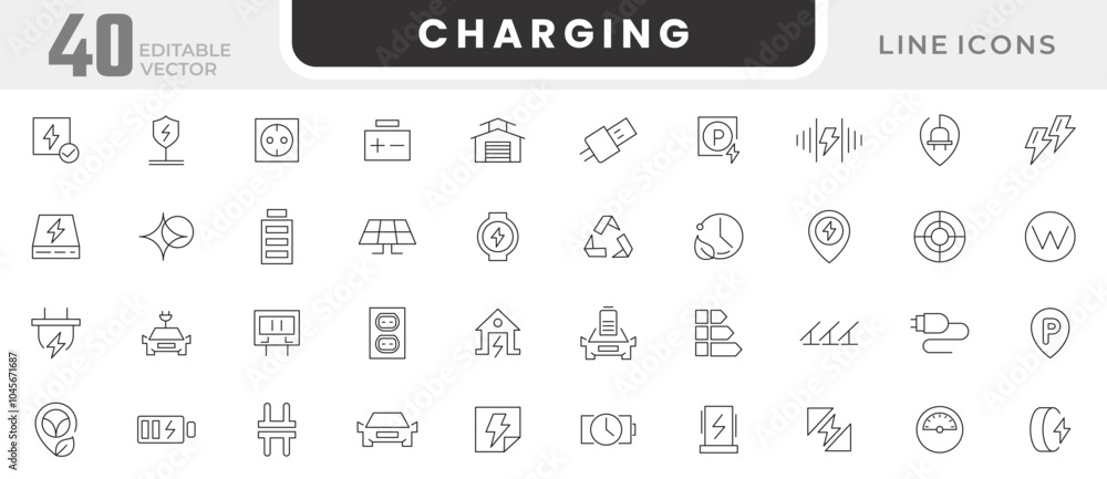Charging line icon set. Electric car, EV charging, power, hybrid, eco ...