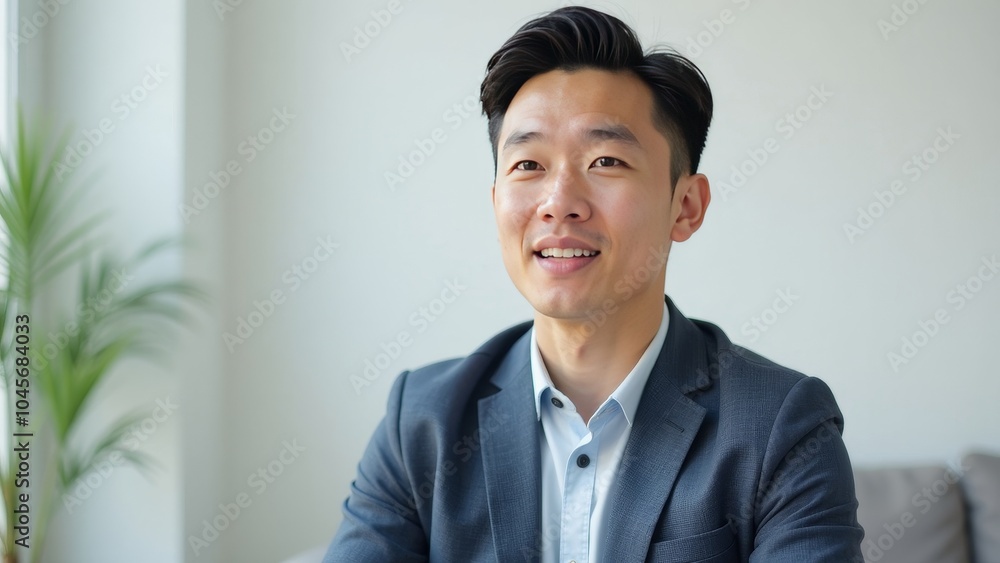 Professional Asian Man Smiling During Video Interview in Modern ...