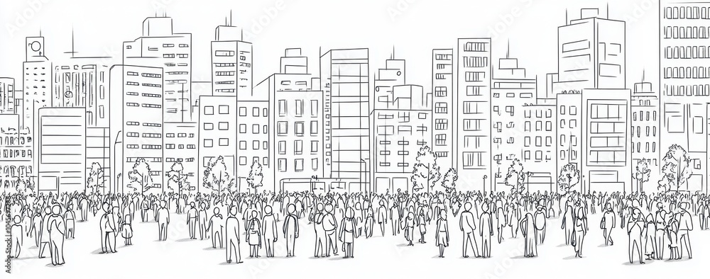 Black-and-white simple line drawing, a crowd of people in the square ...