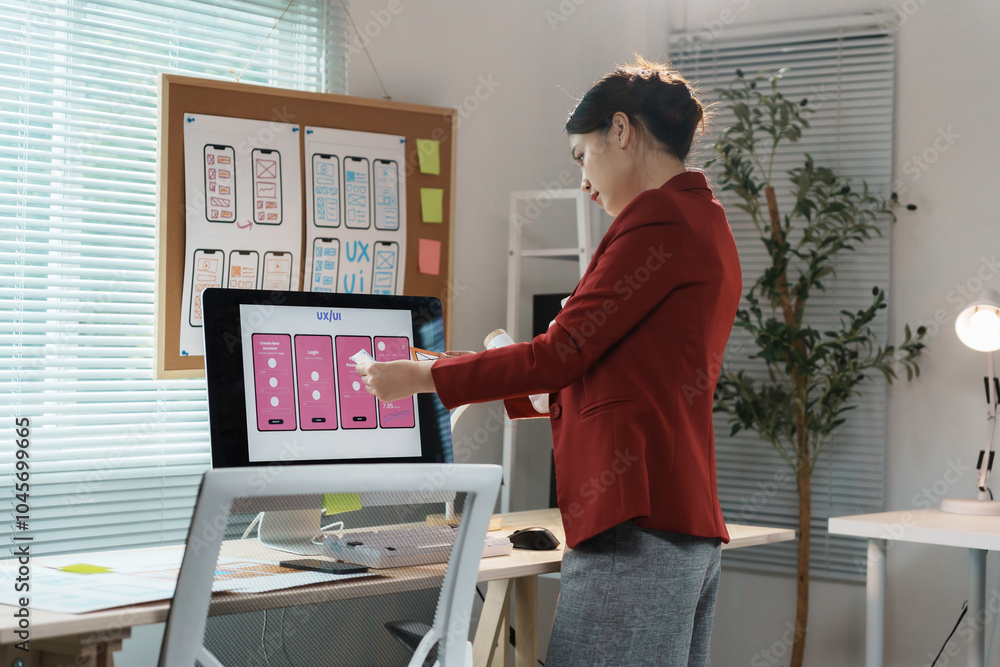 Asian female designer is working on a ui ux design project in her ...