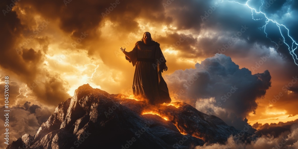 Dramatic scene of Moses receiving the ten commandments on mount Sinai ...