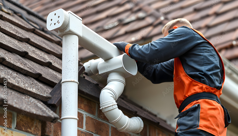 During installation of rain gutters on roofs, worker is fitting ...