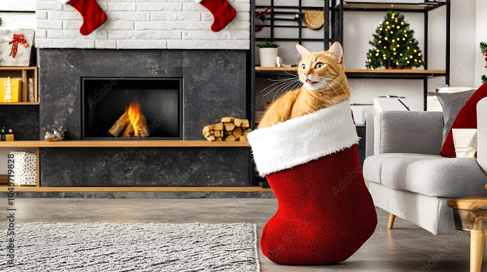 Cat in a Stocking : “2025”. A ginger cat playfully half-in, half-out of ...