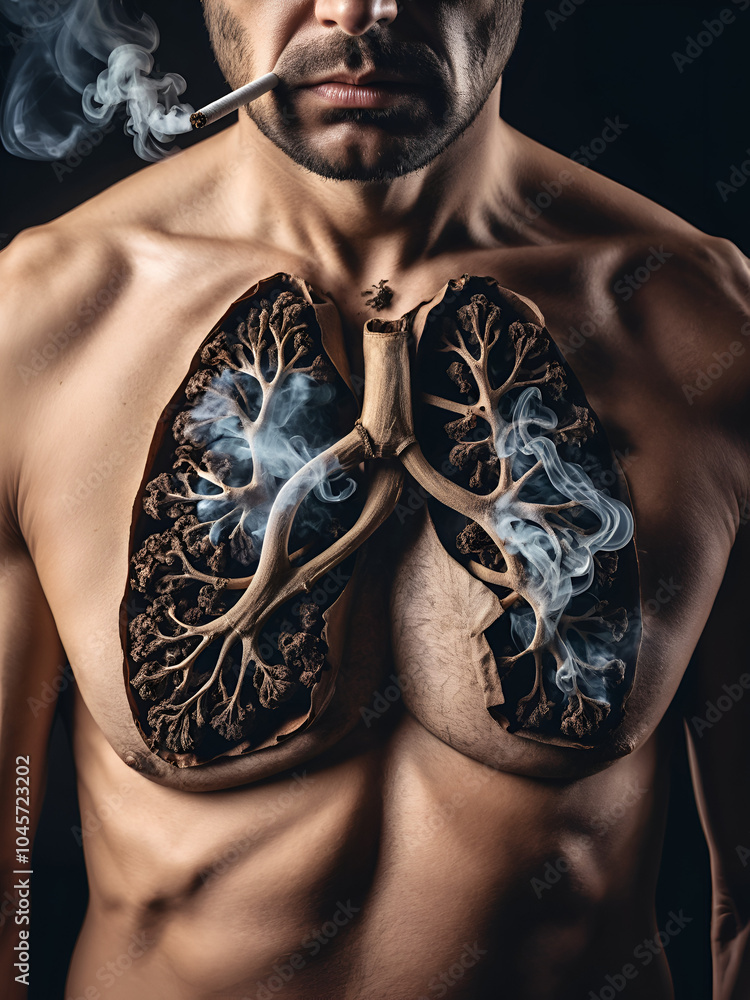 Sick smoker's dark burning lungs damaged from tobacco and smoke, lung ...