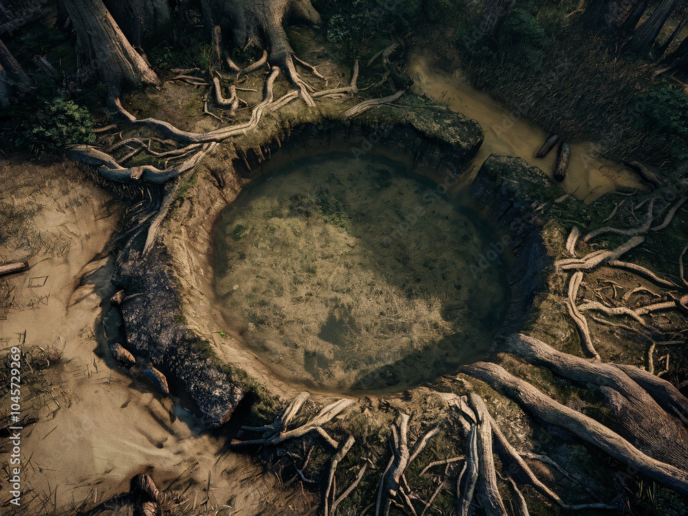 DnD Battlemap: Forest Sinkhole with Exposed Roots and Still Water Stock ...