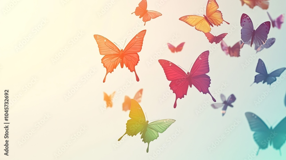 Multiple butterflies in a rainbow of colors flying across a clear sky ...