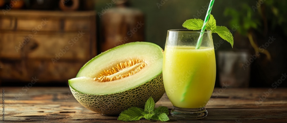 Honeydew Melon and a Glass of Honeydew Melon Juice with a Straw, Rich ...
