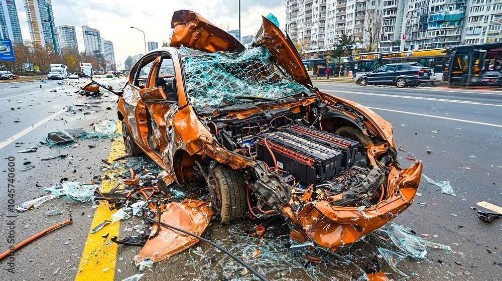 Electric vehicle involved in an accident with battery components ...