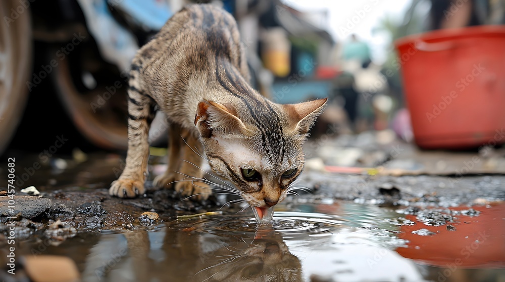 Emaciated and desperate stray cat drinking from a dirty puddle on an ...