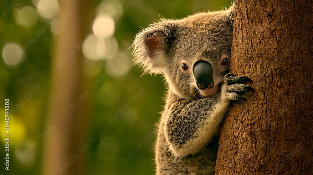 Sick and weakened koala desperately clinging to a eucalyptus tree ...