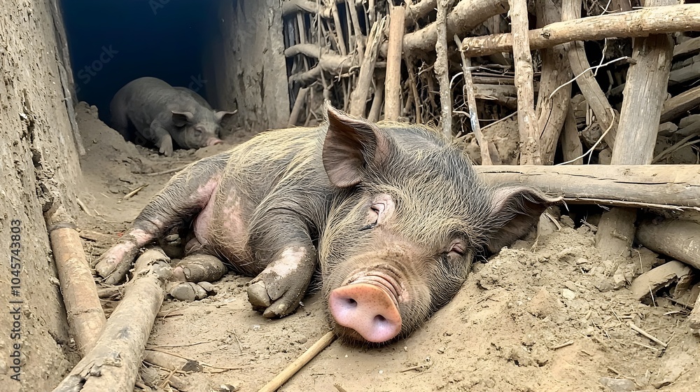 Heartbreaking image of an emaciated malnourished pig lying motionless ...