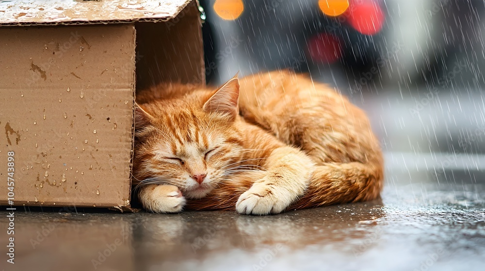 Helpless Cat Curled Up for Warmth in a Cardboard Box on a Rainy ...